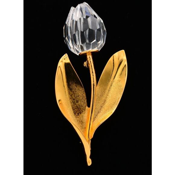 Swarovski | Jewelry | Swarovski Crystal Rose Pin Brooch Gold Long Stem ...